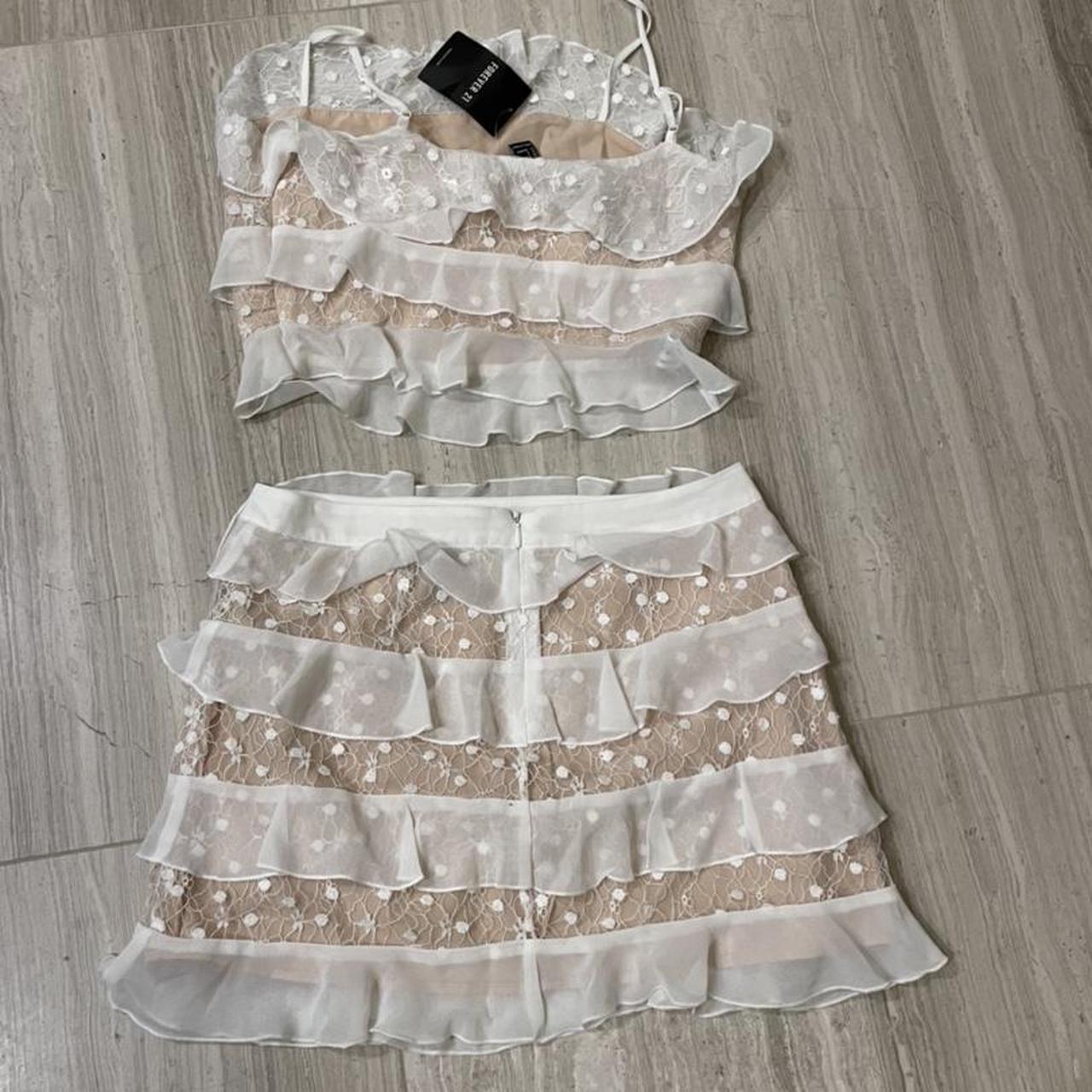 Forever 21 White Lace Ruffled A-Line Skirt Set Top... - Depop