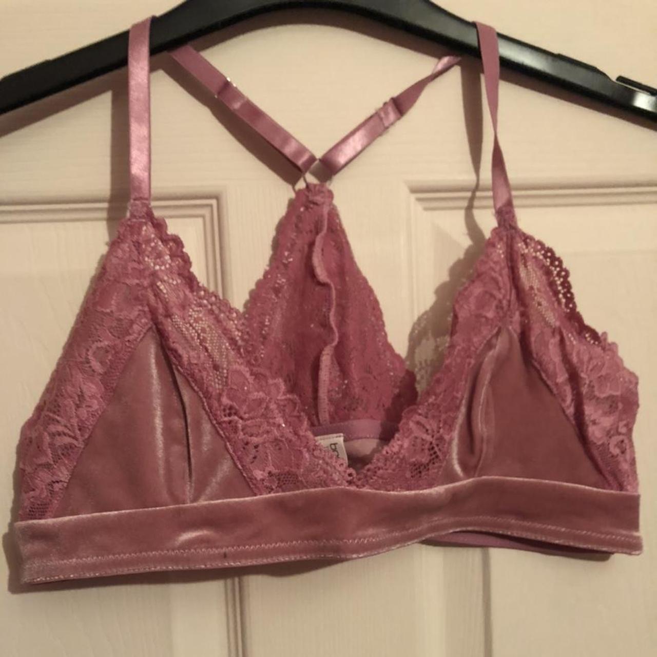 Velvet pink bralet with lace detail and adjustable... - Depop