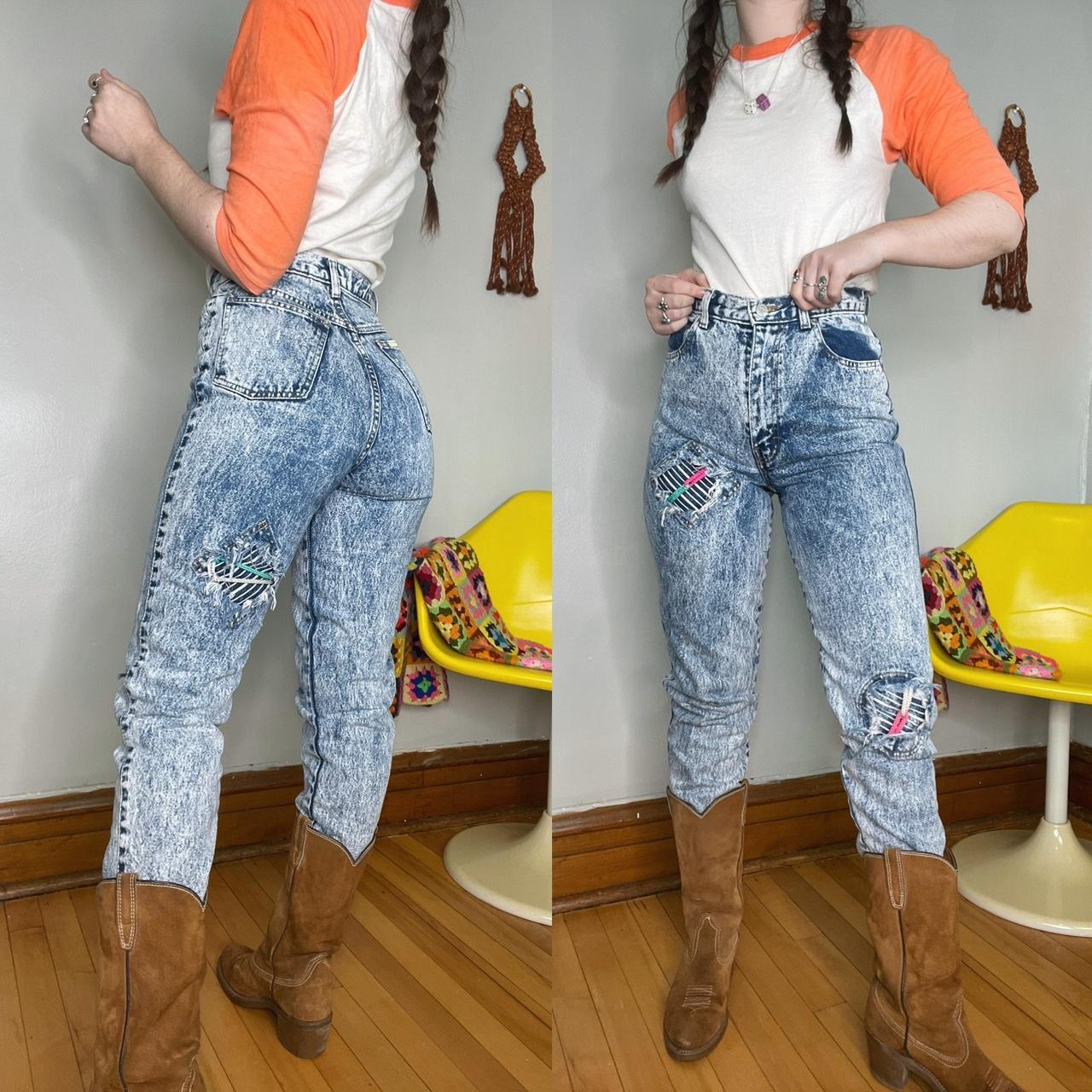 Vintage 80s acid wash Sasson jeans with bungee... | Depop