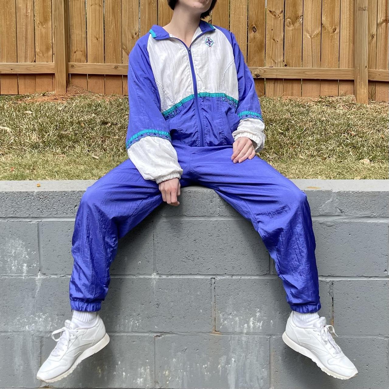 1980s windbreaker tracksuit. Purple, teal and white.... - Depop