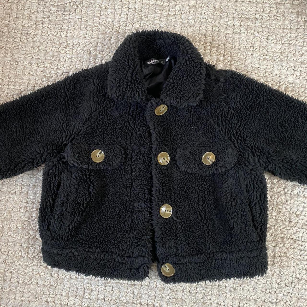 Black slightly cropped teddy jacket - Brown buttons... - Depop