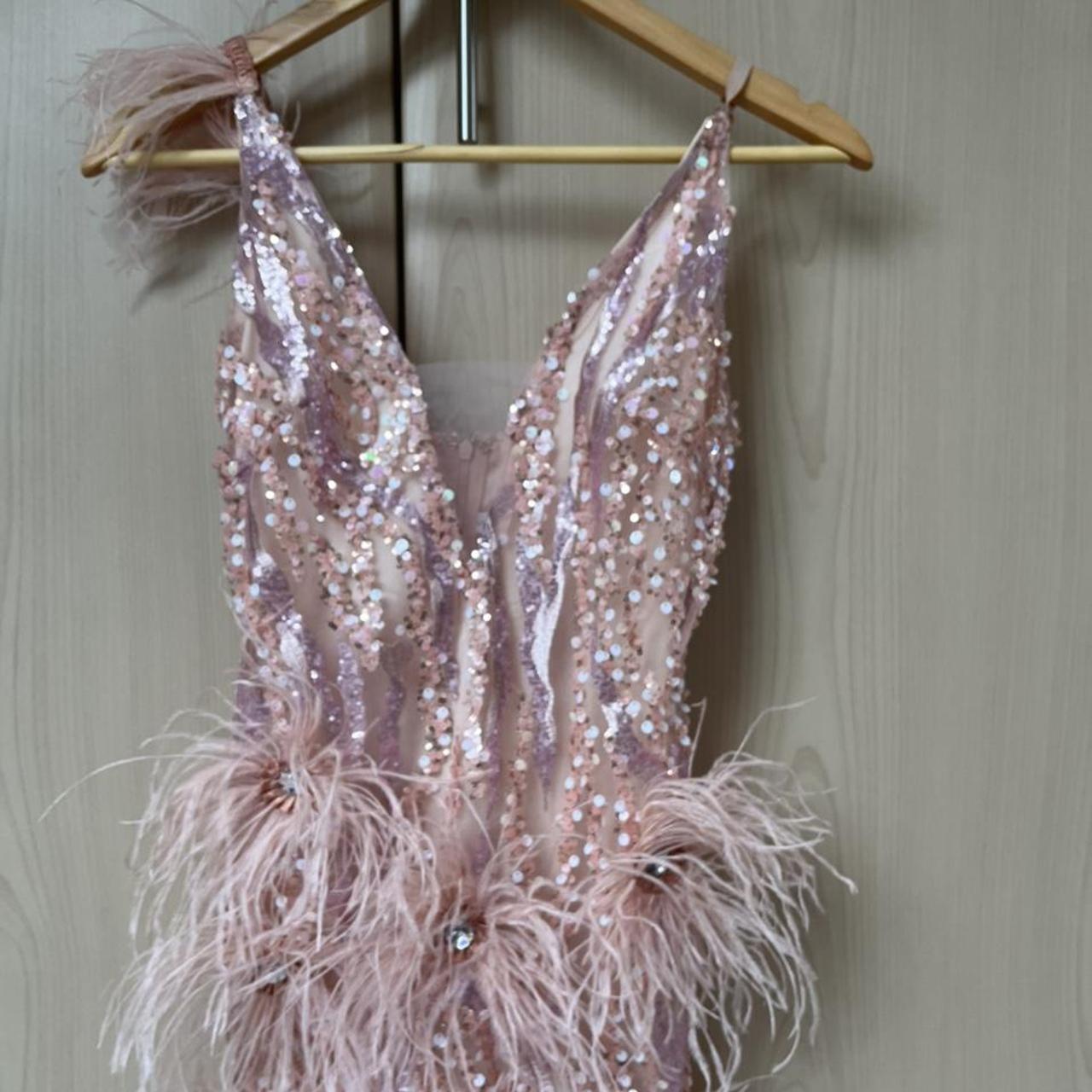 Felicity Premium Sequin Feather Mini Dress - Pink - Depop