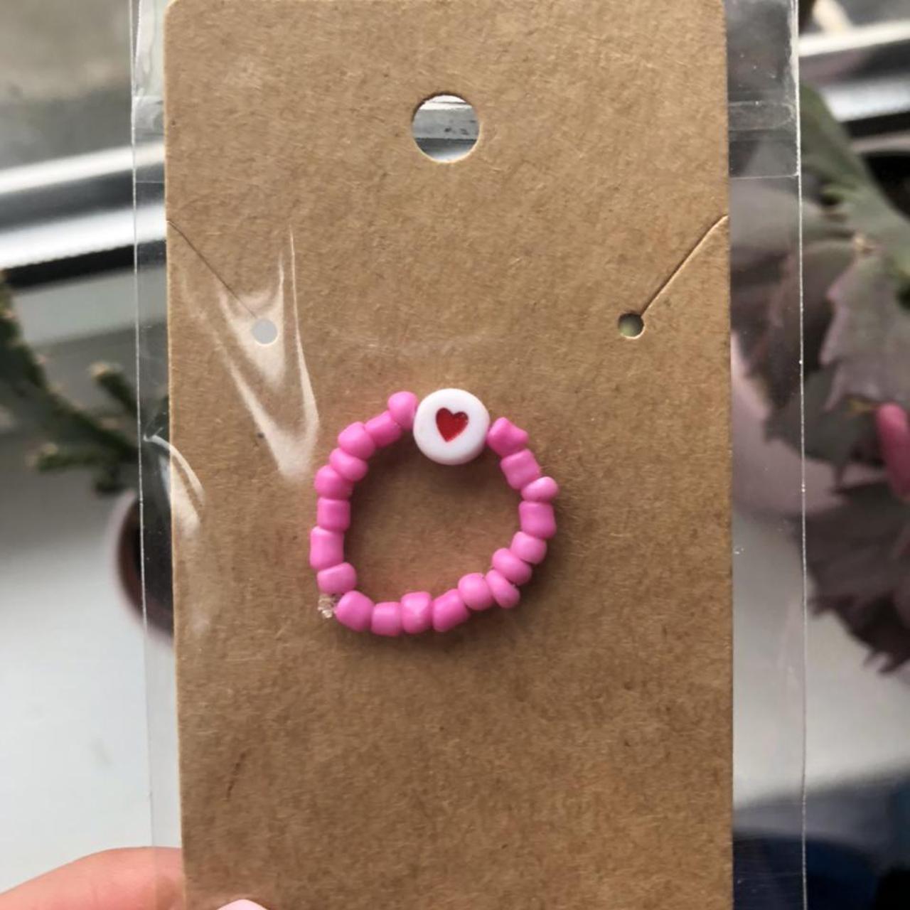 pink love heart beaded ring. £2 shipping inc. Handmade - Depop