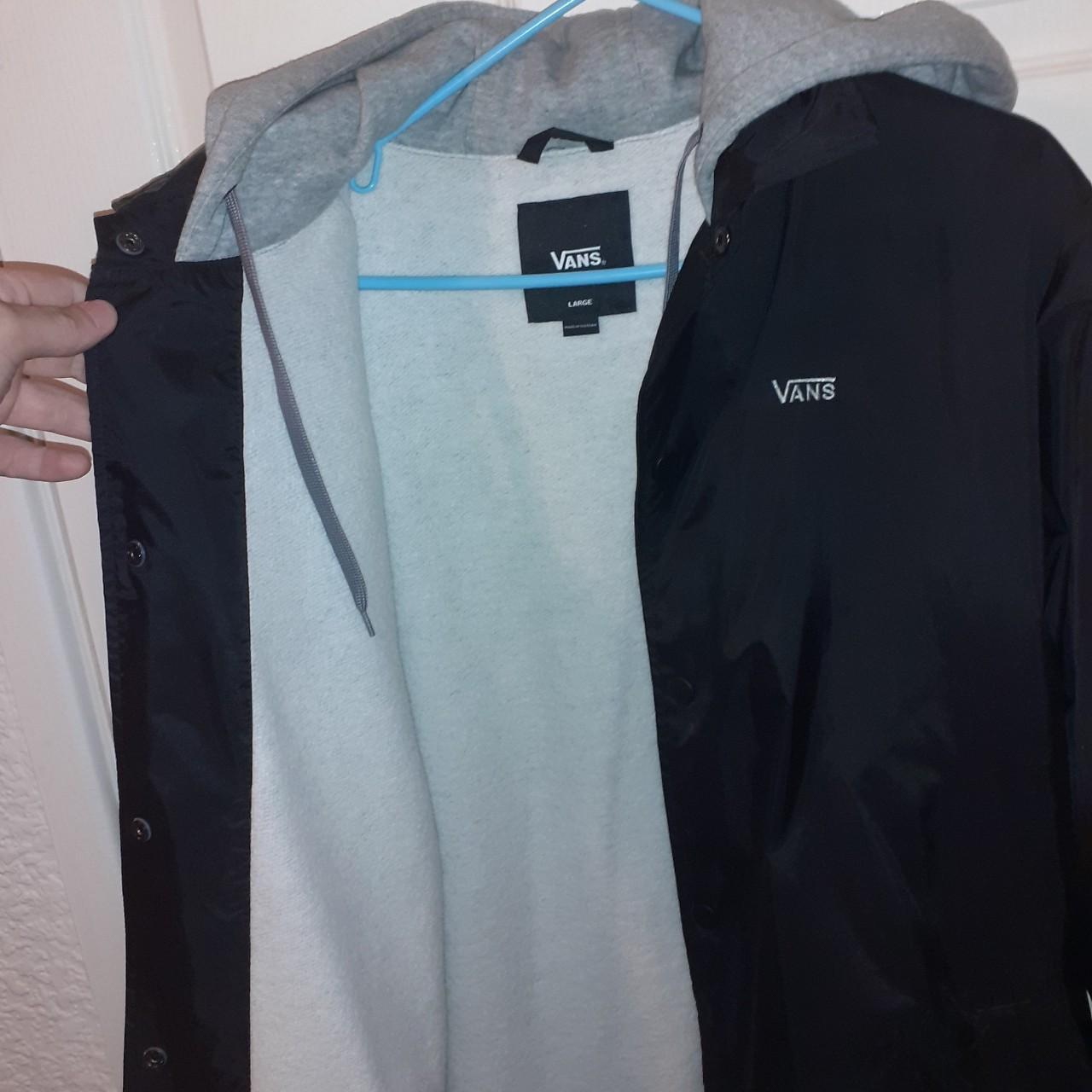 Black Vans hooded button up jacket. Has grey hood... - Depop