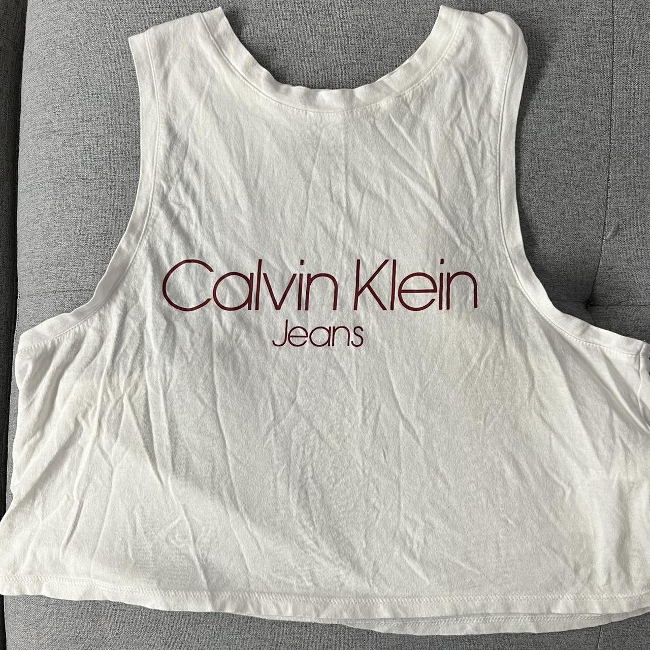Calvin Klein Jeans Women's White and Burgundy Vest | Depop
