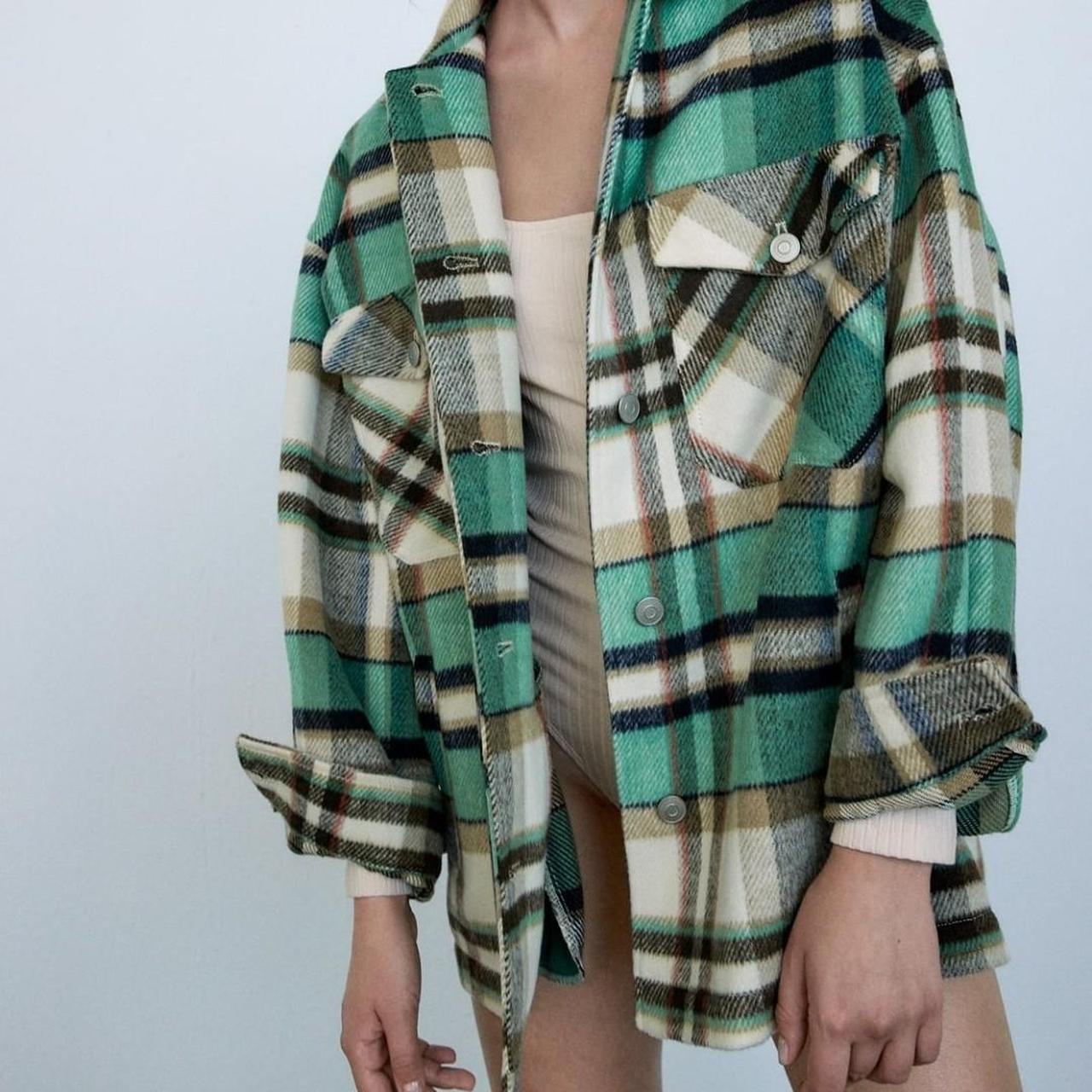 ZARA green check shacket Worn, great condition Size S - Depop