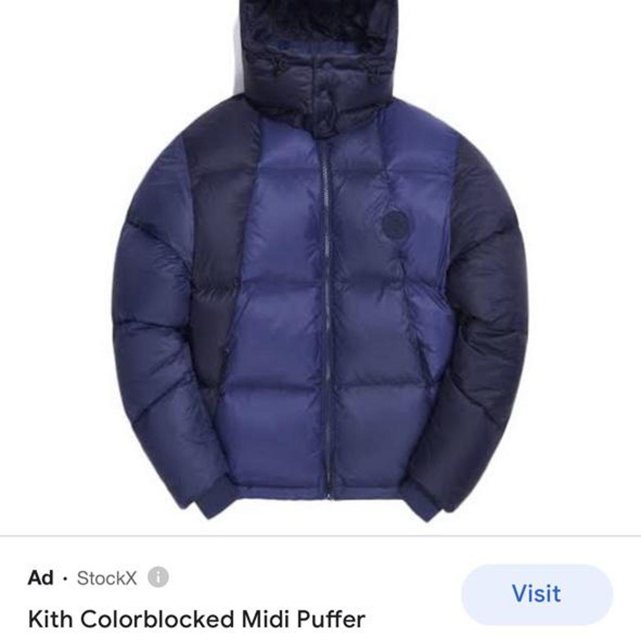 Kith colourblocked puffer jacket Navy/multi Size XL... - Depop