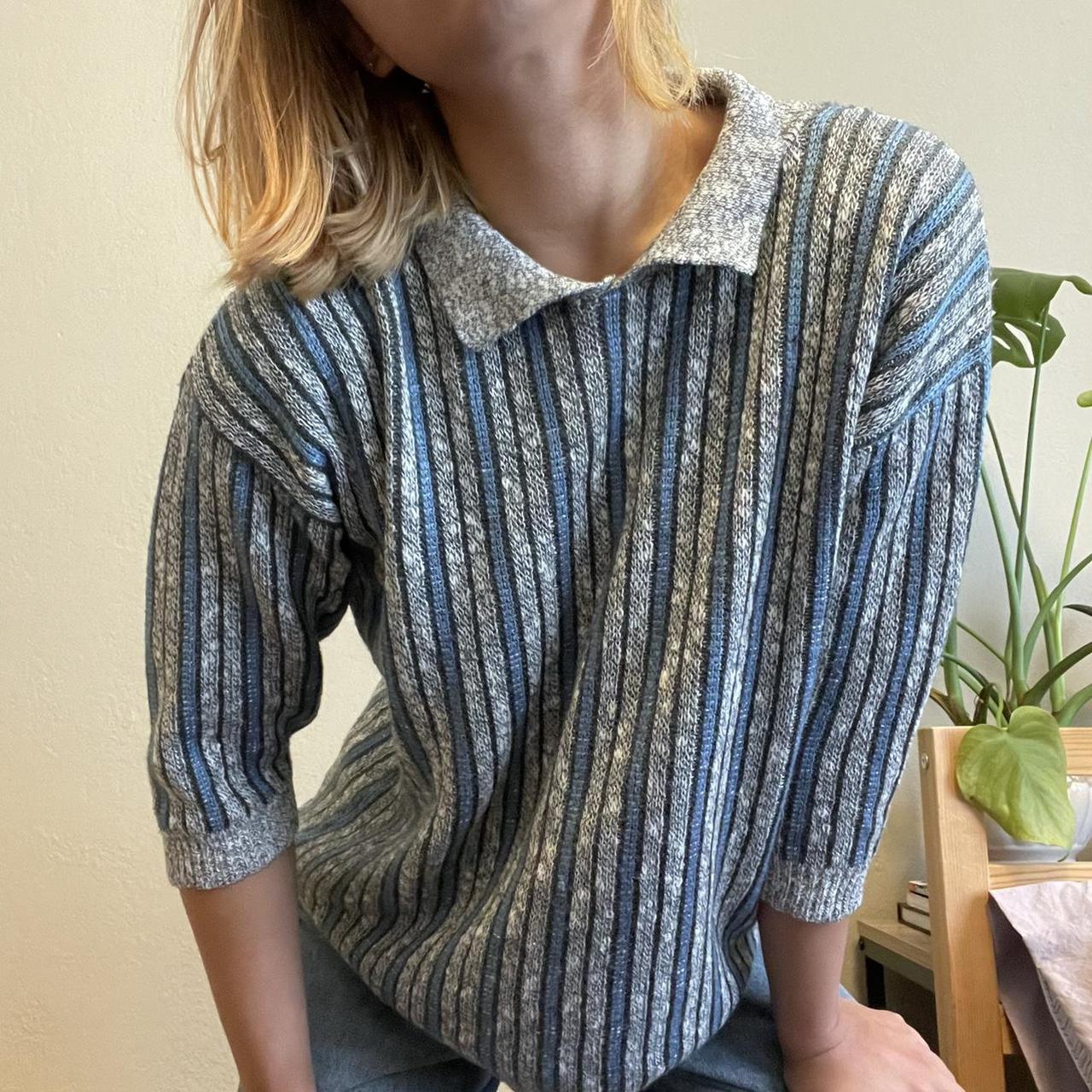 Blue and gray knit sweater with vertical stripes,... - Depop