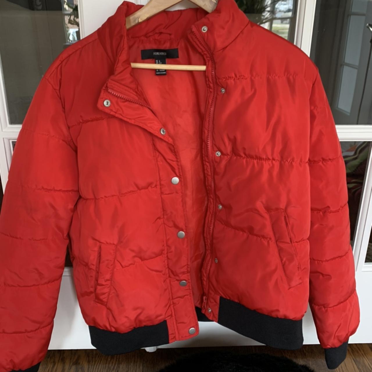 oversized red puffer super good condition - Depop