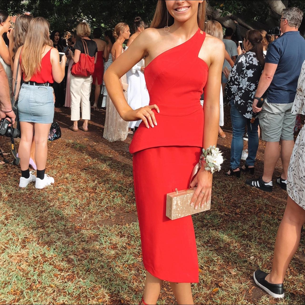 CUE red formal dress mid calf length zip up... - Depop