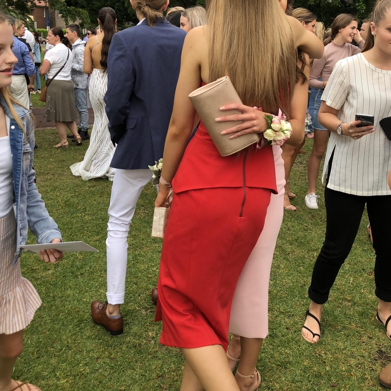 CUE red formal dress mid calf length zip up... - Depop