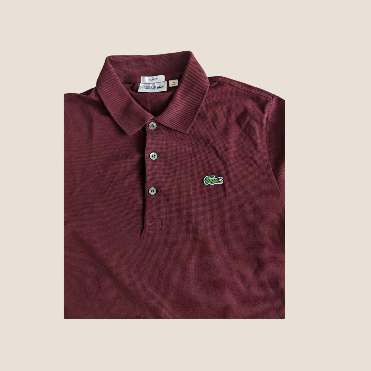 Men's burgundy Lacoste polo top in size M slim fit.... - Depop
