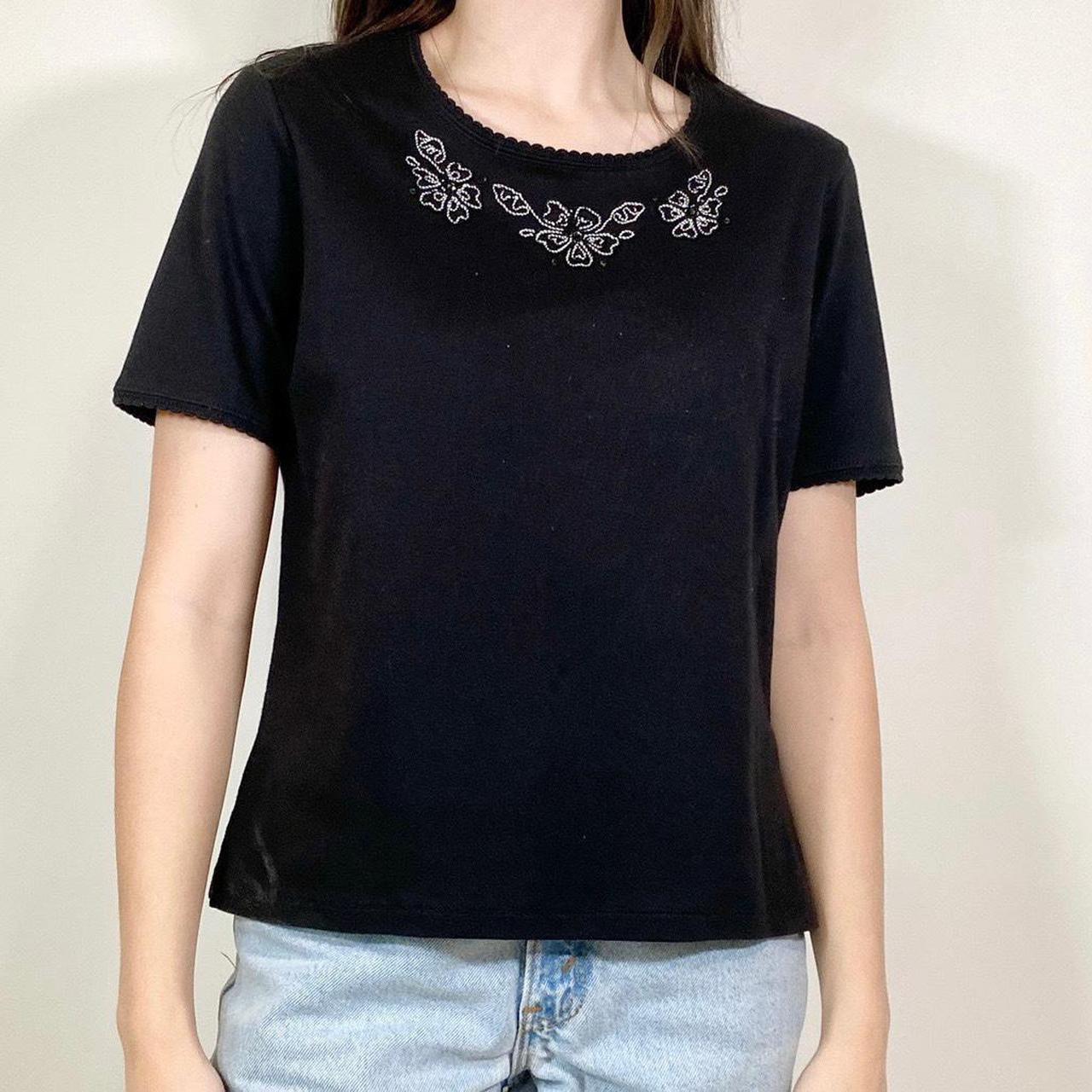 Vintage black floral embroidered basic shirt 90s... - Depop