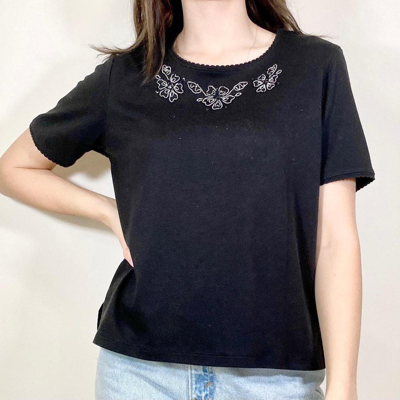 Vintage black floral embroidered basic shirt 90s... - Depop