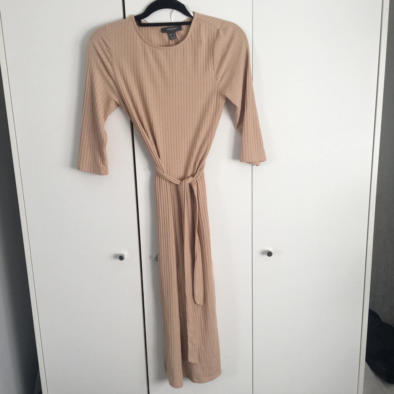 Primark camel colour ribbed midi dress with tie... - Depop