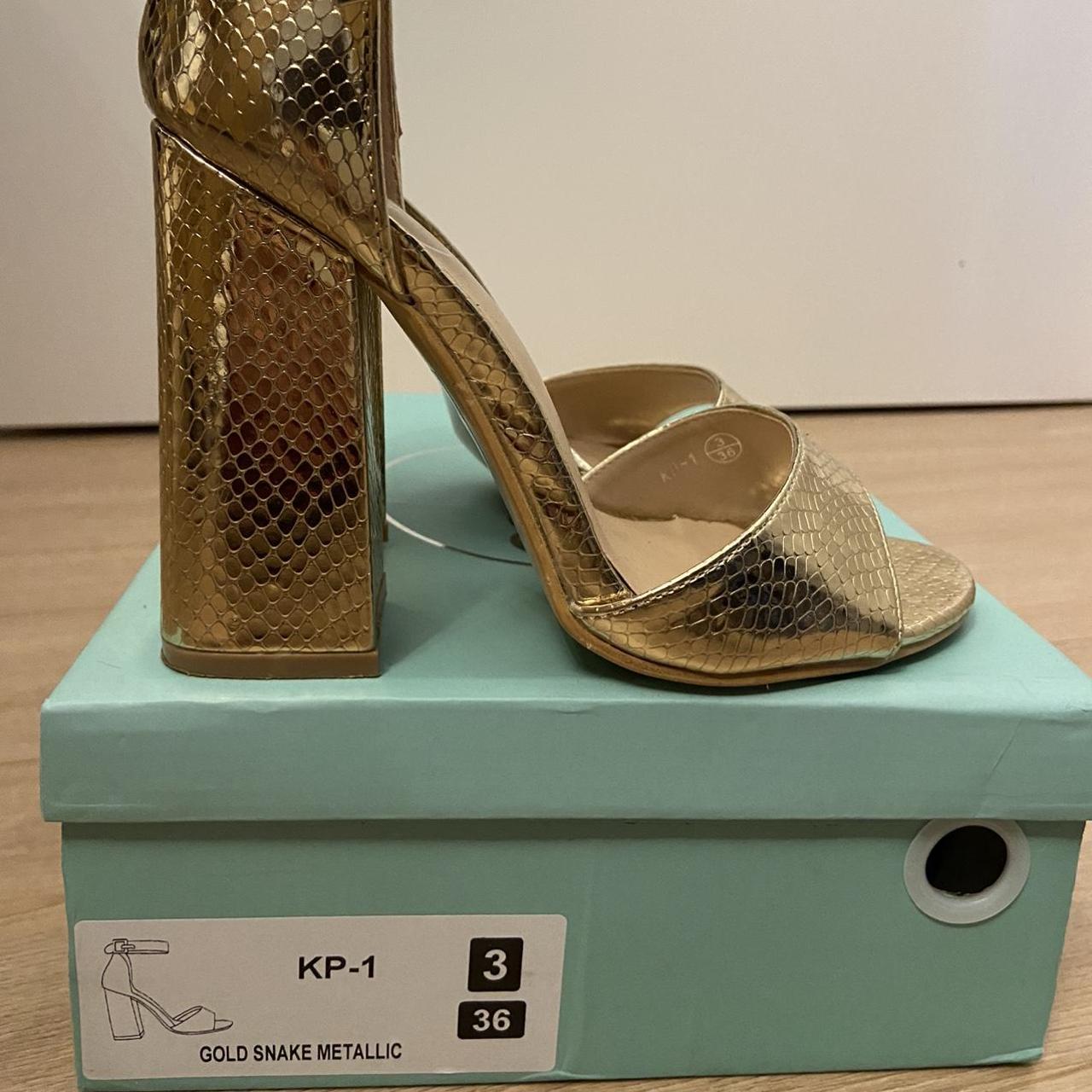 Gold snack metallic gold block heels - used once.... - Depop