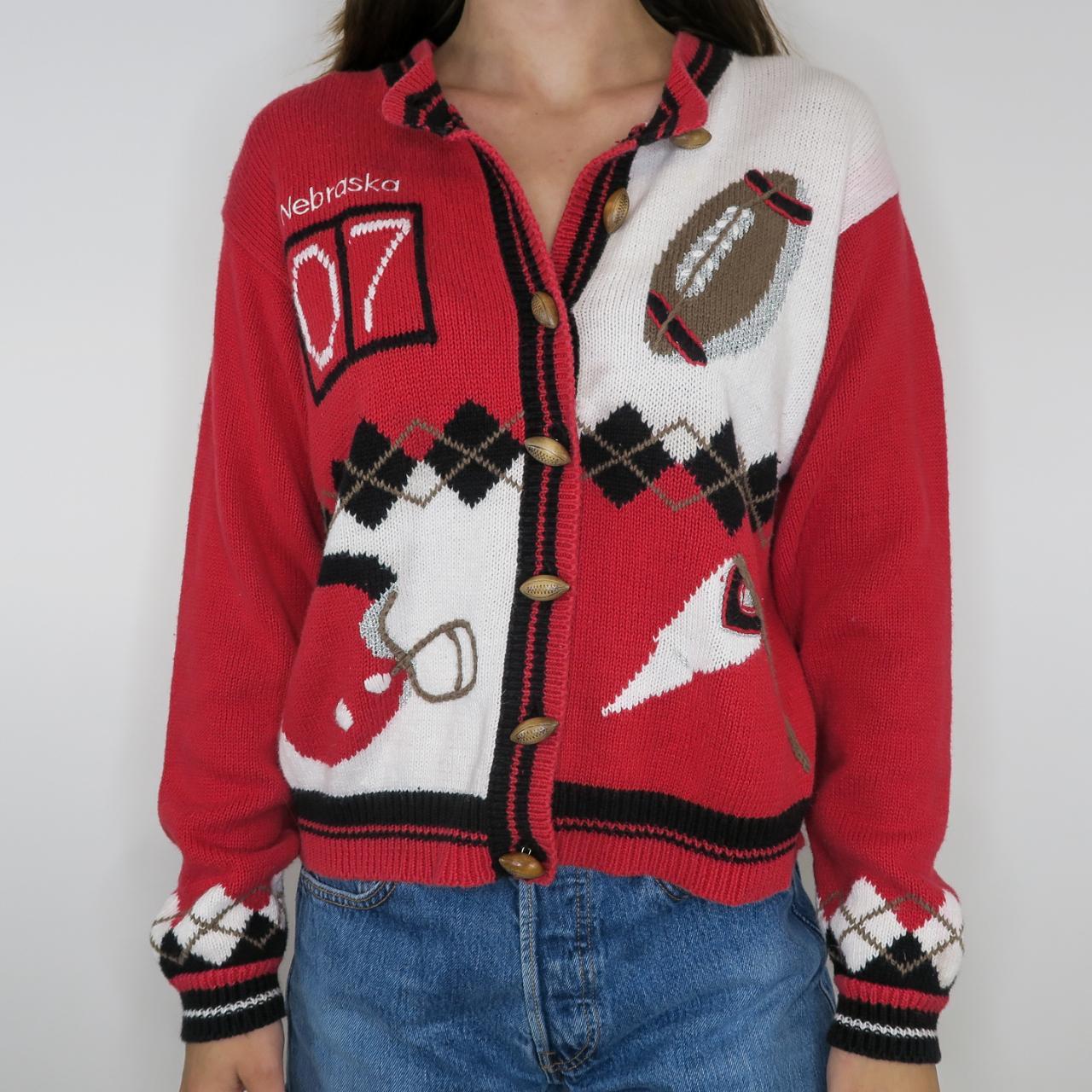 Vintage Nebraska Cornhusker Football Knit Cardigan... - Depop