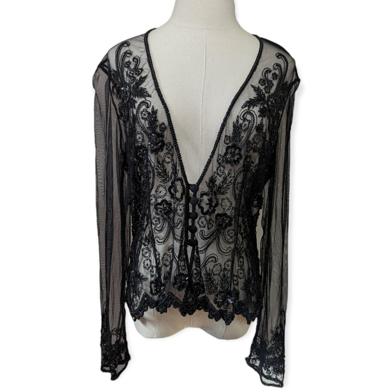 Beaded Sequin Sheer Mesh V-neck... - Depop