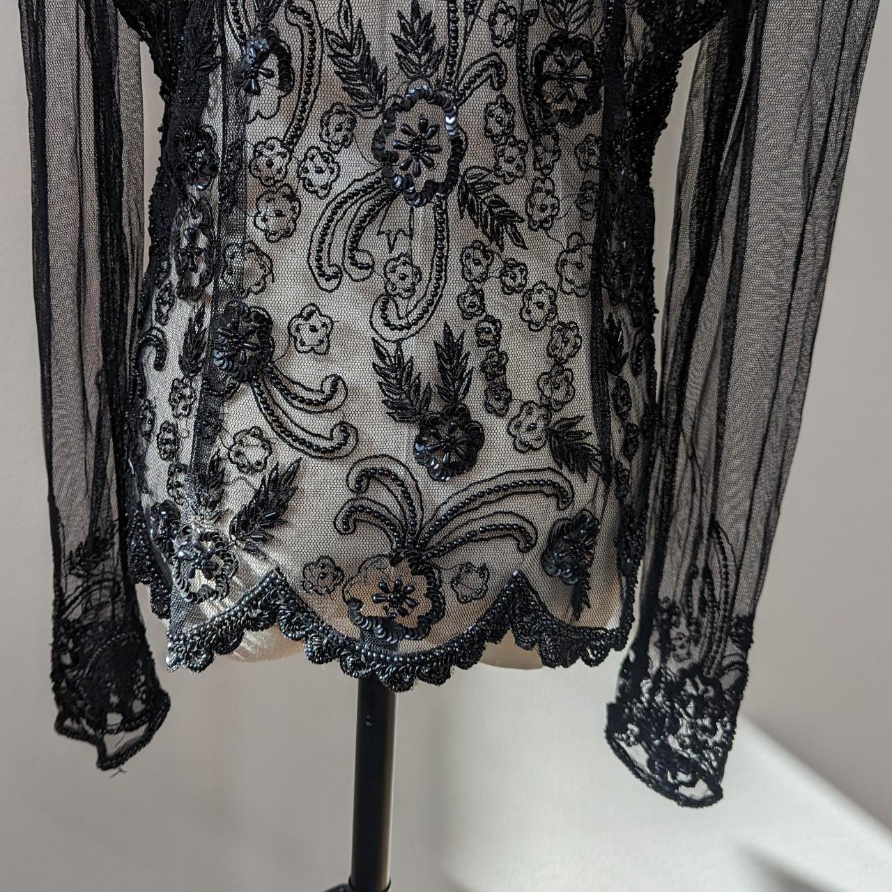 Beaded Sequin Sheer Mesh V-neck... - Depop