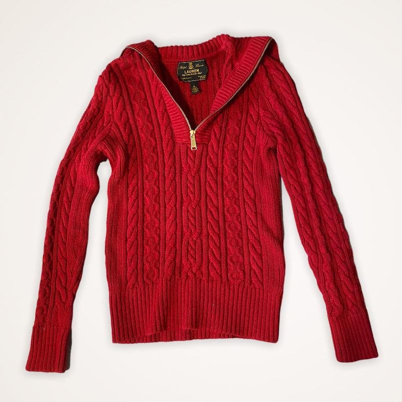 Ralph Lauren Red Cable knit quarter zip sweater Size... - Depop