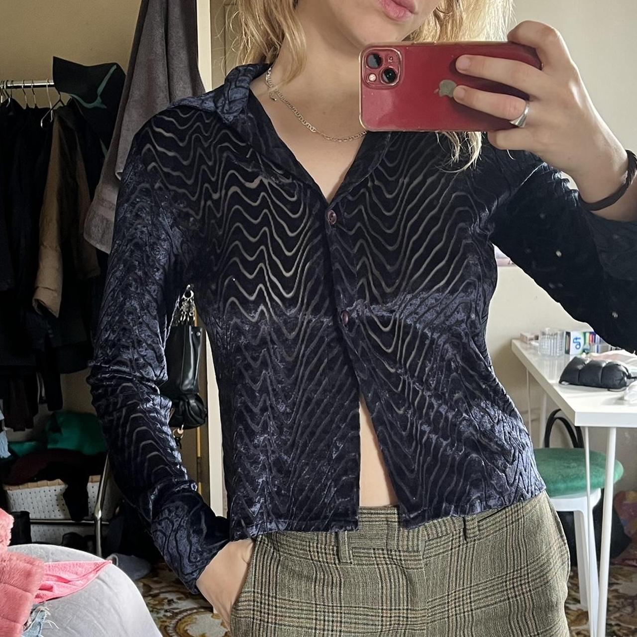 Velvet patterned navy button up long sleeve shirt!!... - Depop