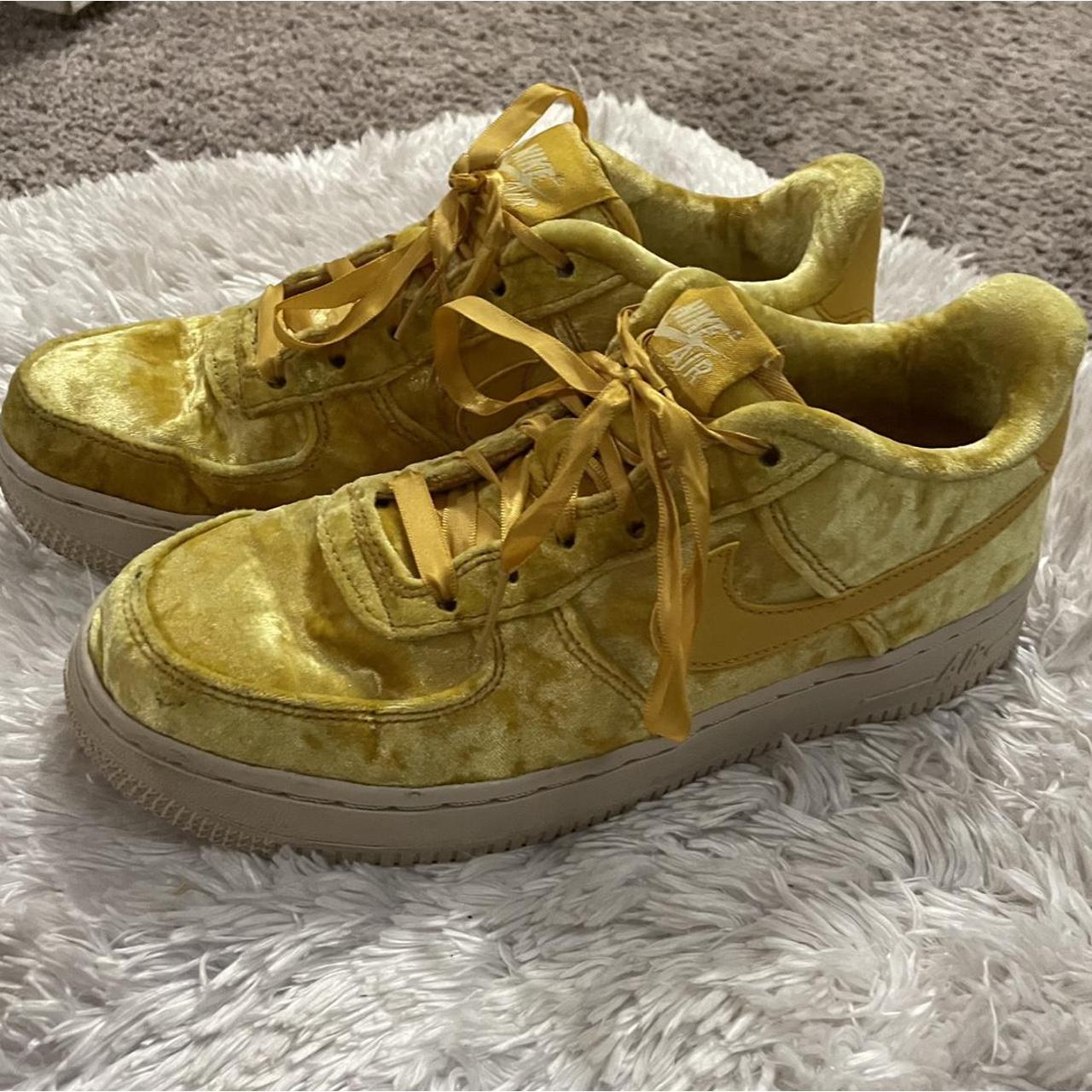 yellow/gold velvet air force 1s worn but in good... - Depop