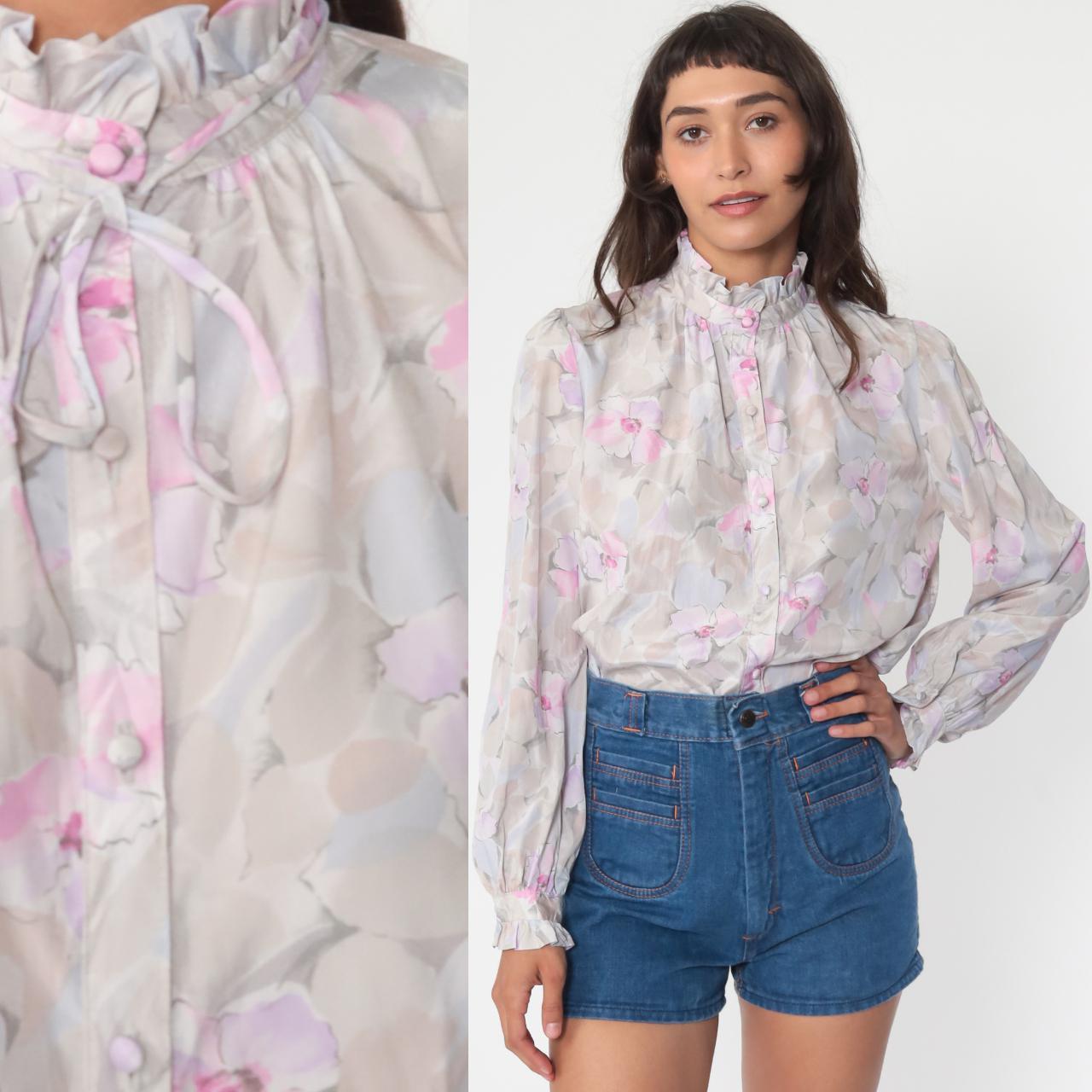 Vintage 70s blouse in a pastel floral print with... - Depop