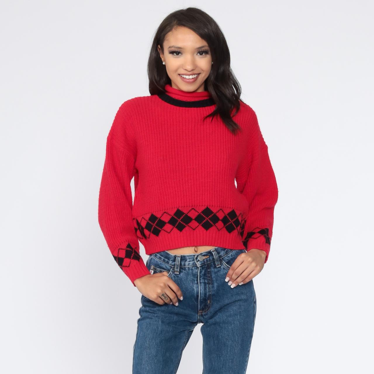 Vintage 90s sweater in a checkered print with a... - Depop