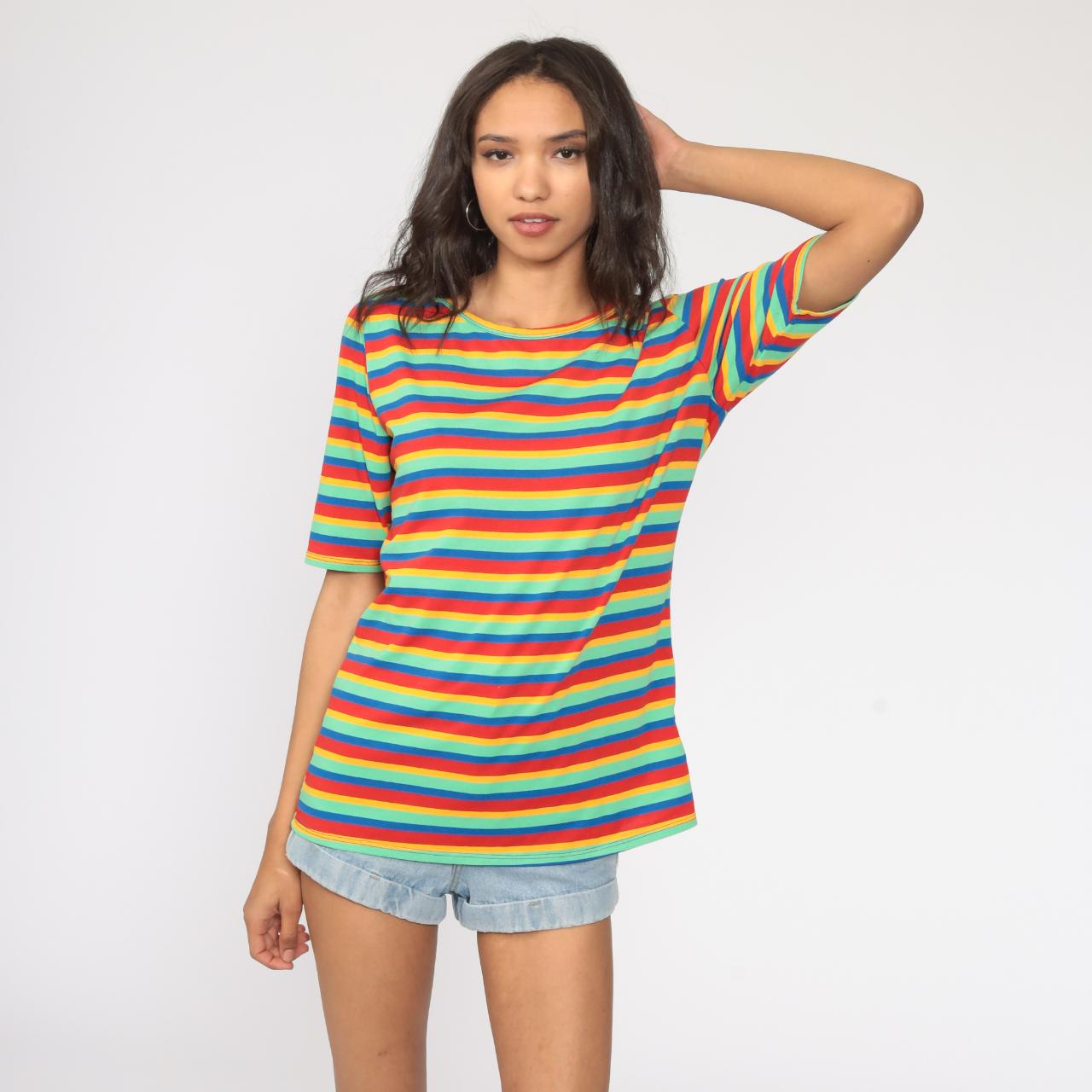 Modern rainbow striped shirt with short... - Depop