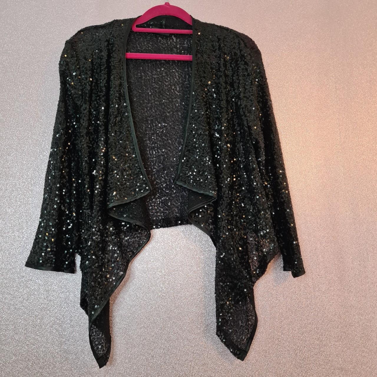 Next black sequin waterfall jacket/shrug size medium... - Depop