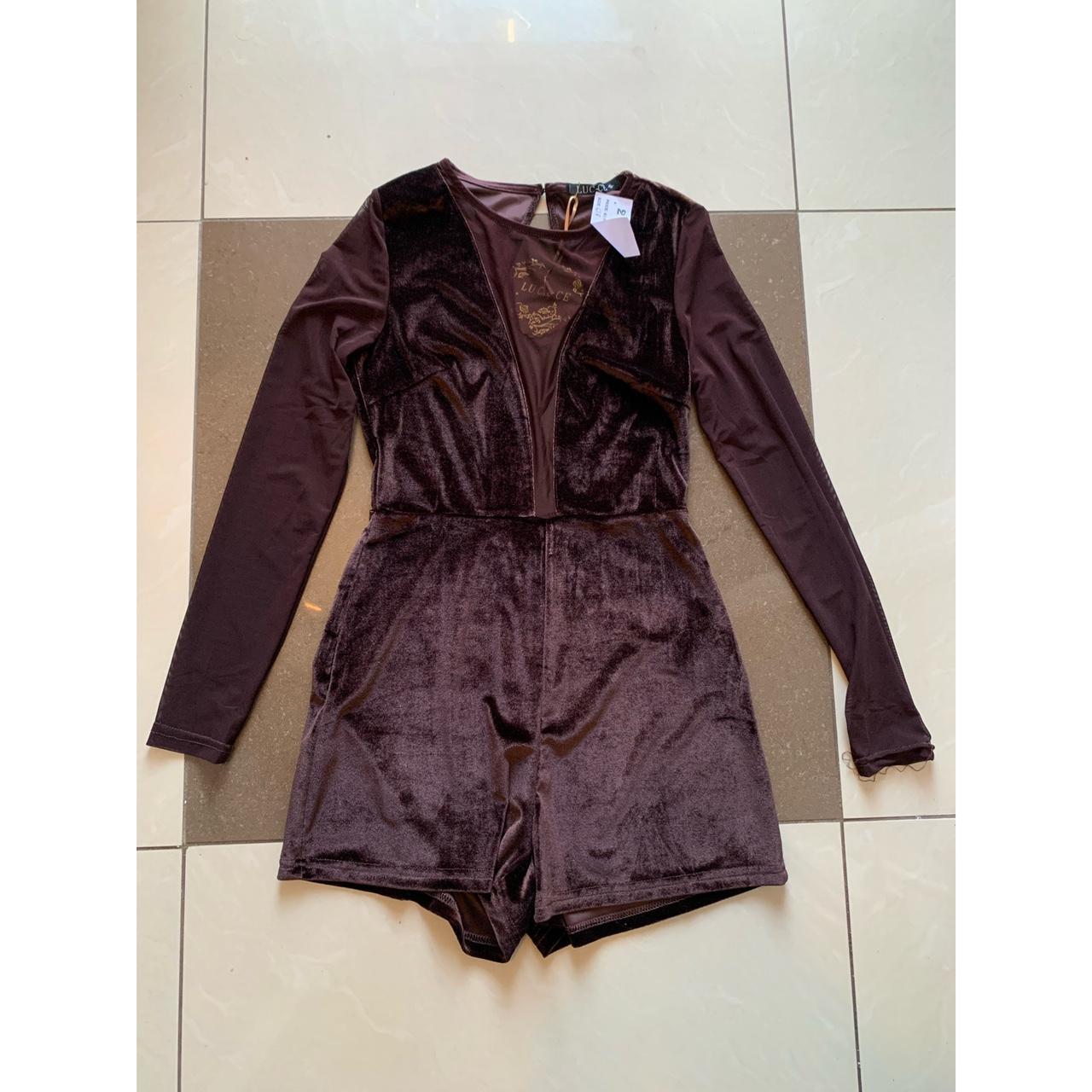 Brown velvet mesh playsuit - Depop