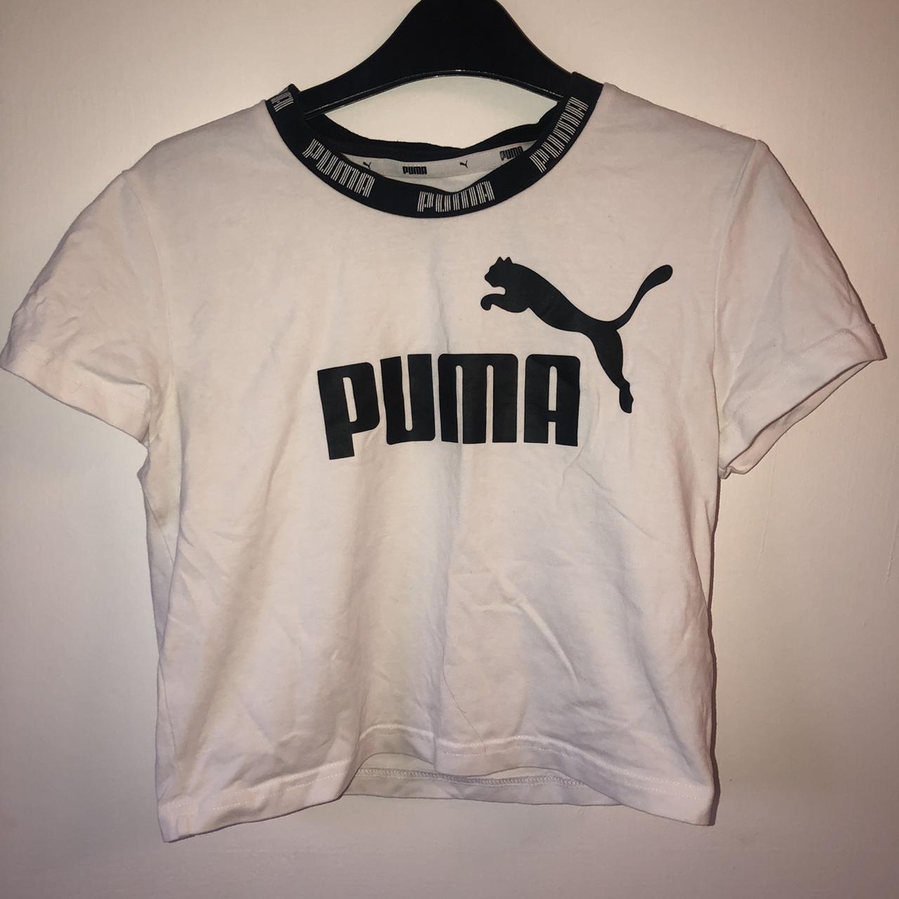Puma Women's White and Black Crop-top | Depop