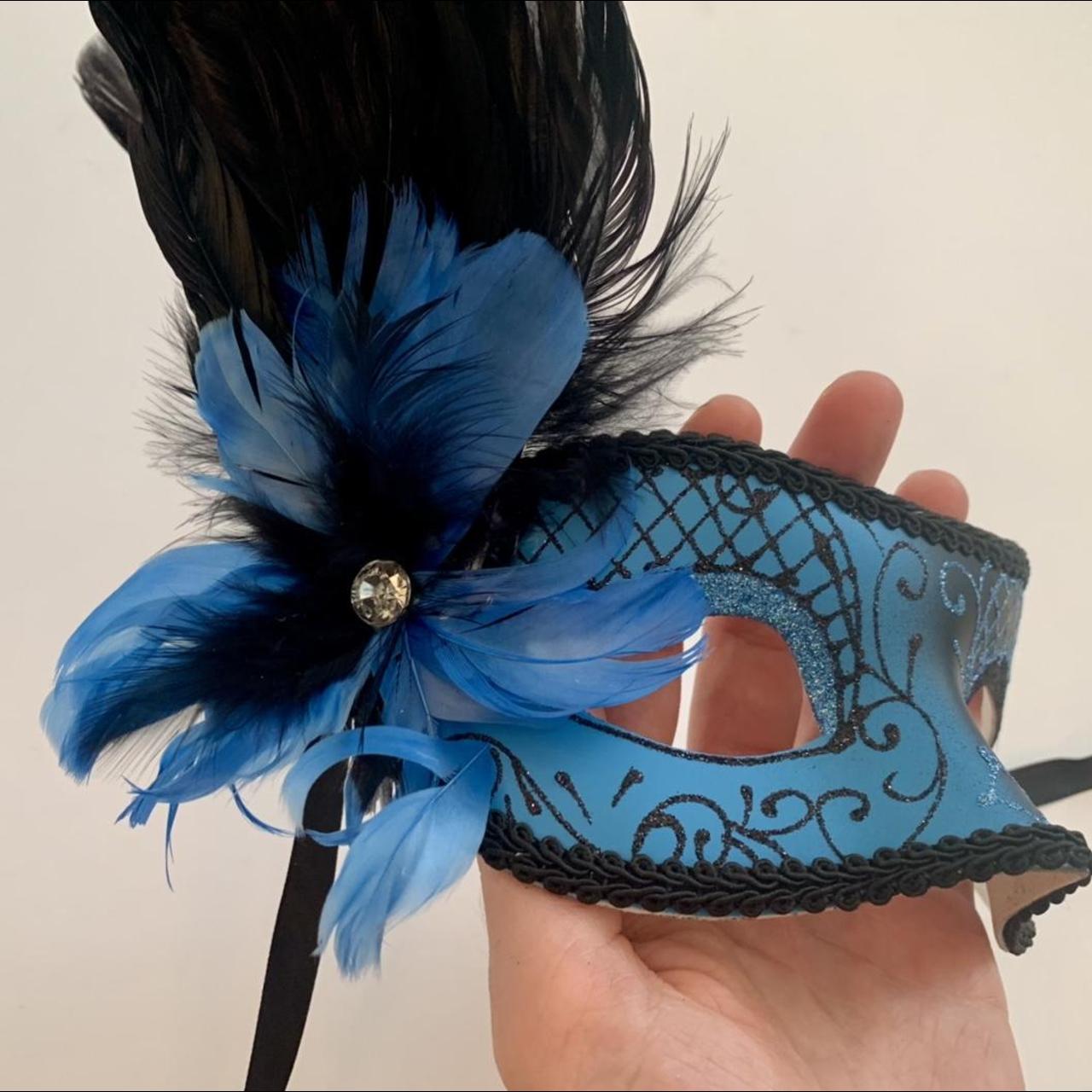 Venetian Masquerade Mask Blue Black Feather Mardi... - Depop