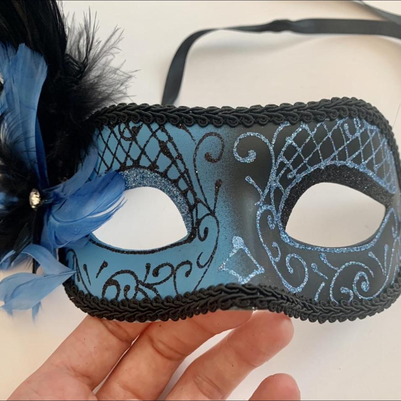 Venetian Masquerade Mask Blue Black Feather Mardi... - Depop