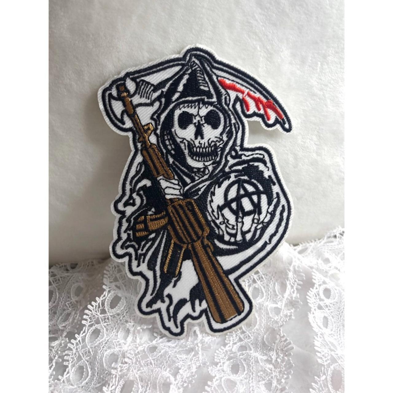 Iron on Patch Death skeleton with Gun-G Brand... - Depop