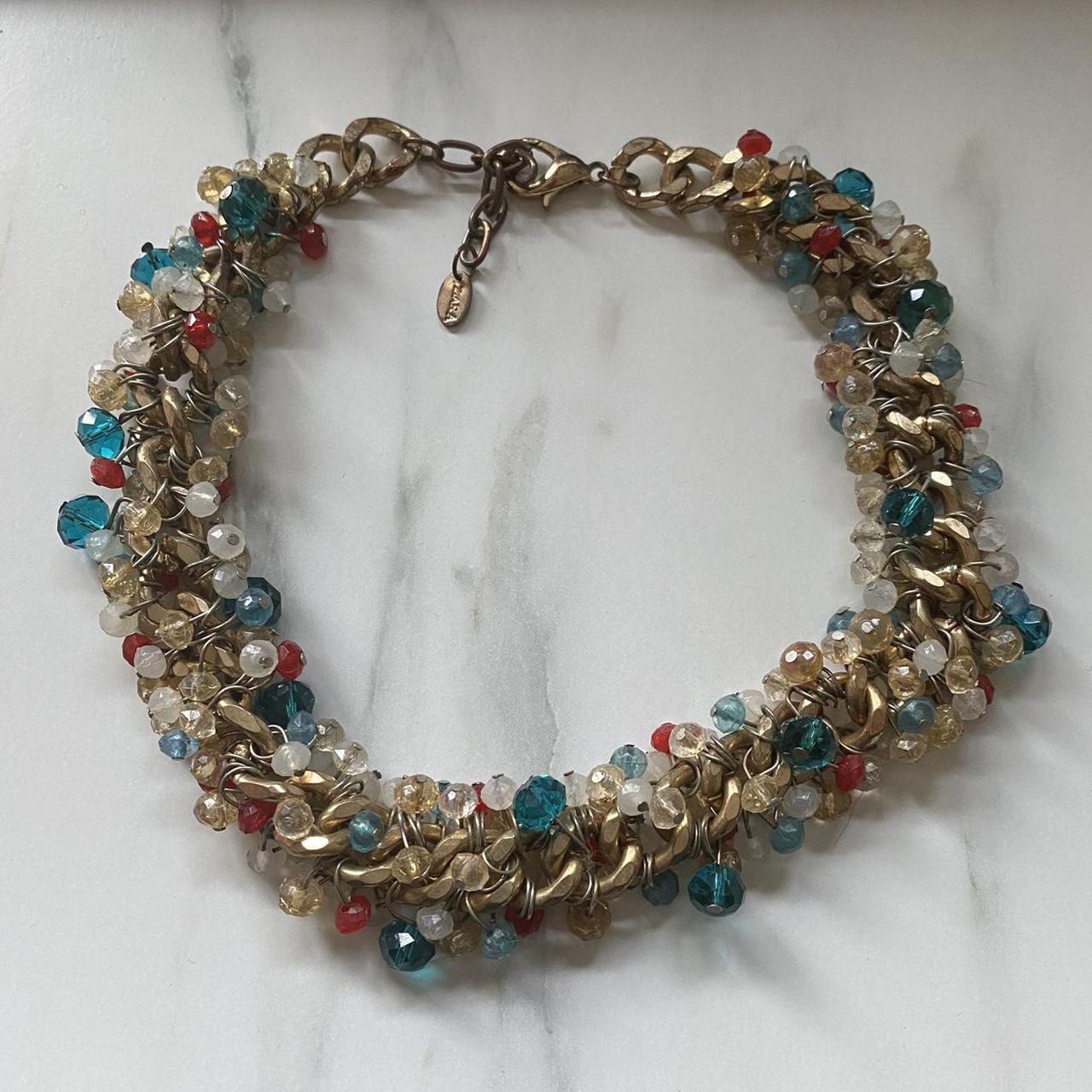 Zara gold multi coloured bead necklace chain - Depop