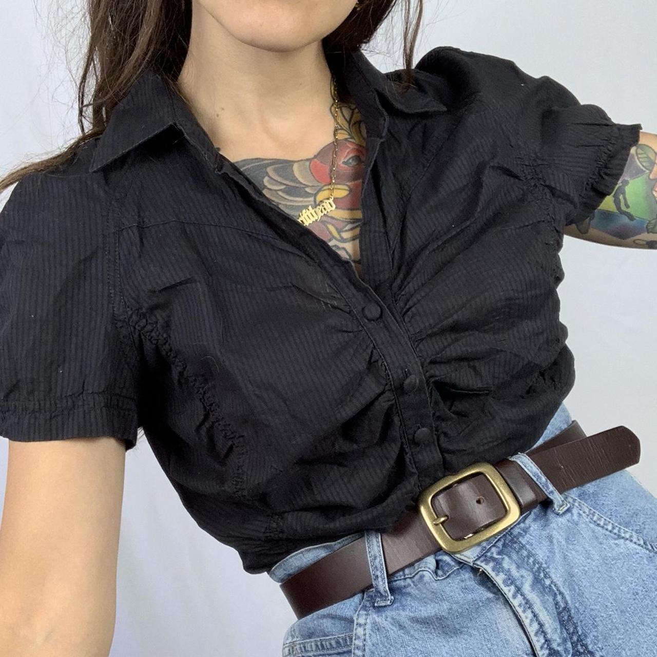 Cute fairy core y2k grunge pinstripe ruffle button... - Depop