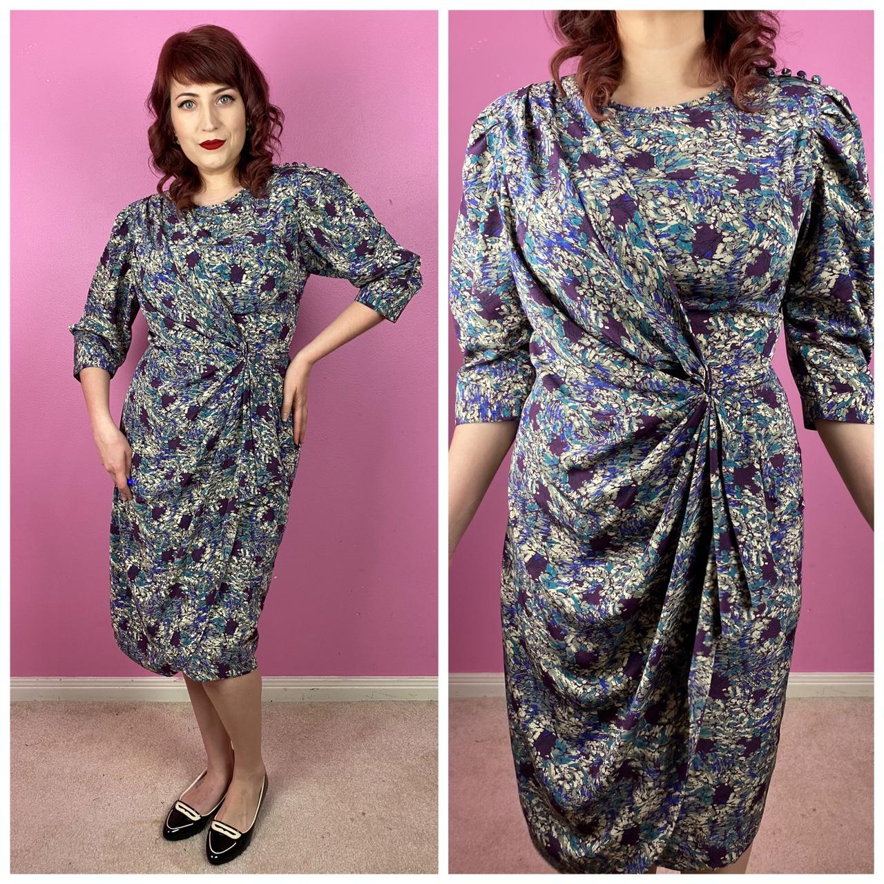 Vintage 1980s 80s Purple Blue Teal Abstract Print... - Depop