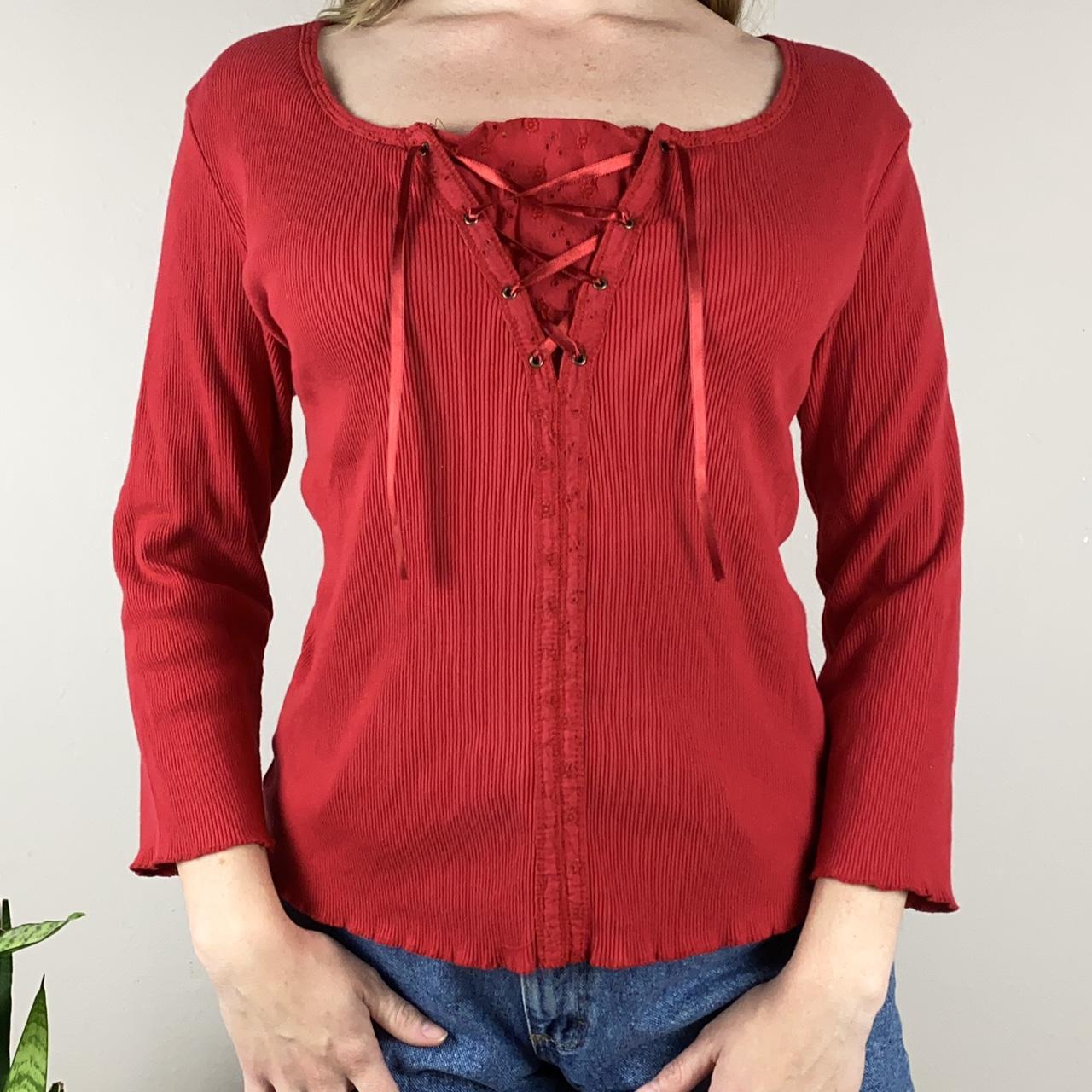 Y2k red ribbed three quarter length sleeve lettuce... - Depop