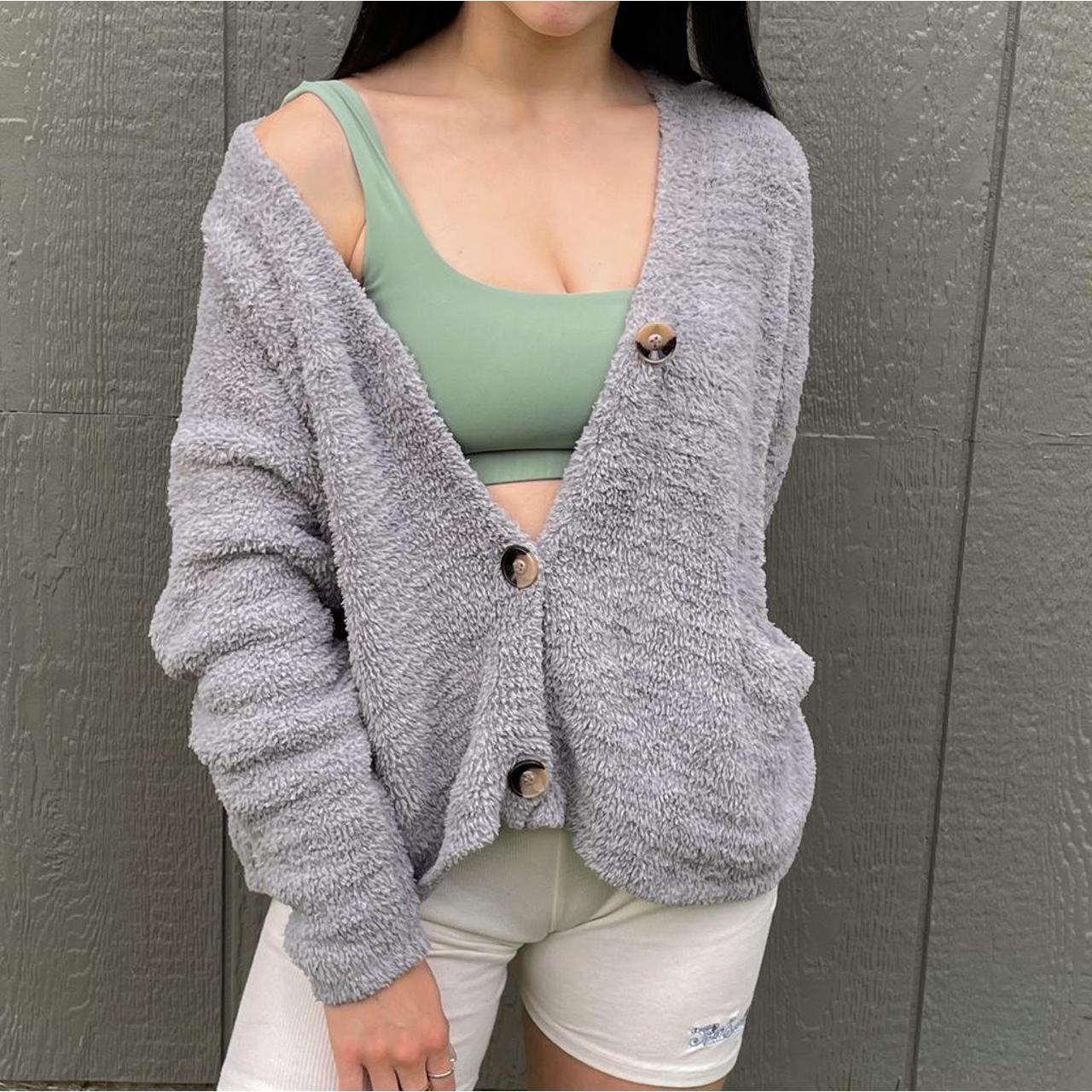 trendy button up grey fluffy sweater☁️ cute for... - Depop