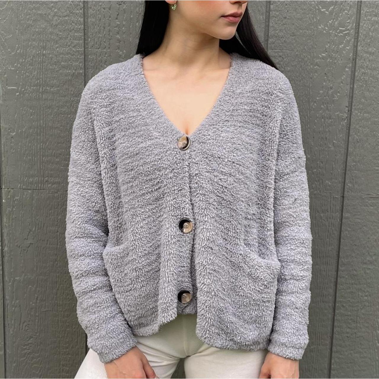 trendy button up grey fluffy sweater☁️ cute for... - Depop