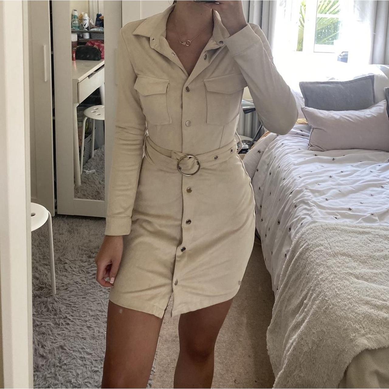 Bershka suade beige utility dress - Depop