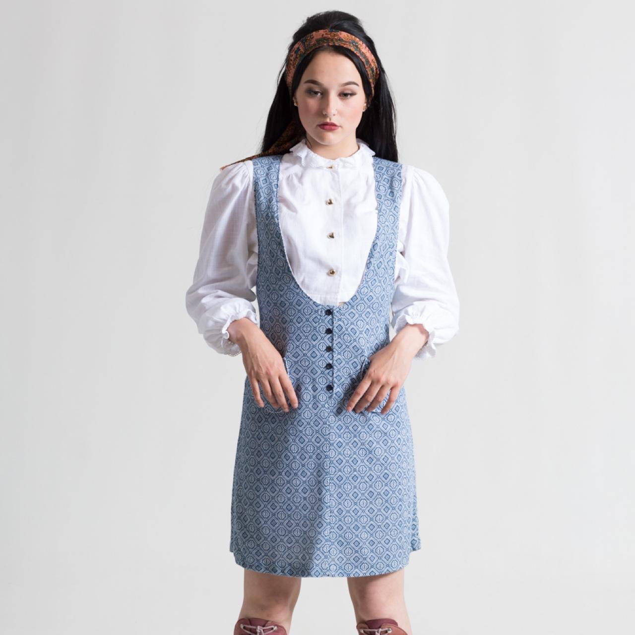 Vintage 60's pinafore in blue & white, mini dress.... - Depop