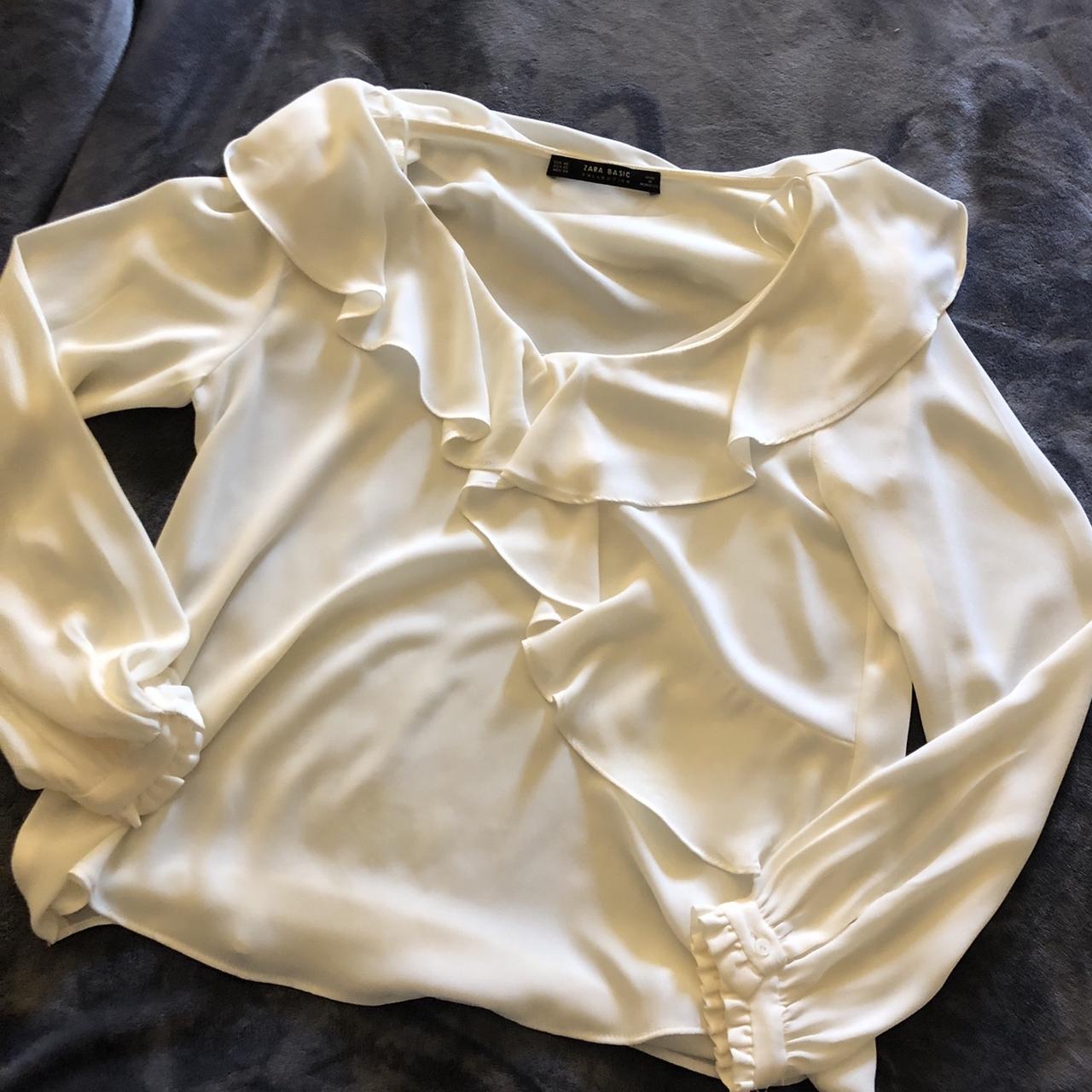 Zara Chiffon Ruffle Off White Long Sleeve... - Depop