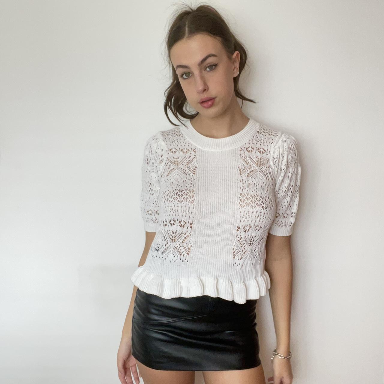 Super Pretty Crotchet White Crop Top With Frill Depop