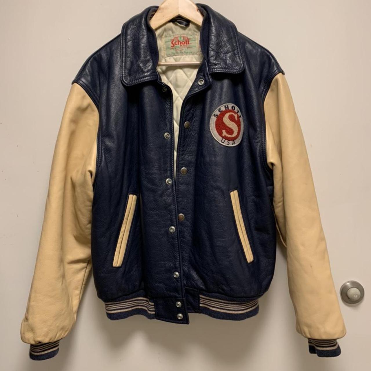 Vintage 90s Schott Leather Varsity Jacket!! This... - Depop
