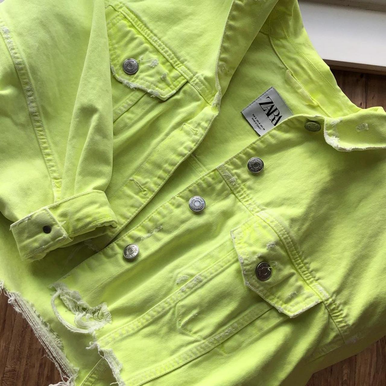 Highlighter yellow cropped, raw-edge denim jacket.... - Depop