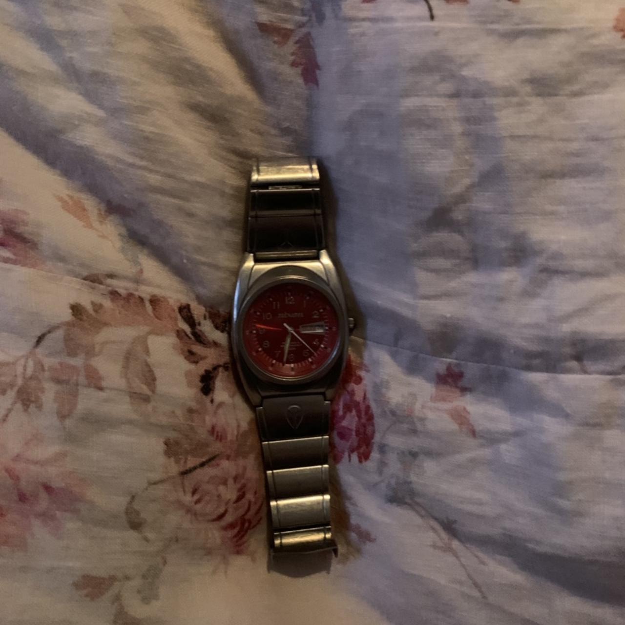 Nixon the don watch, red face, silver band. - Depop
