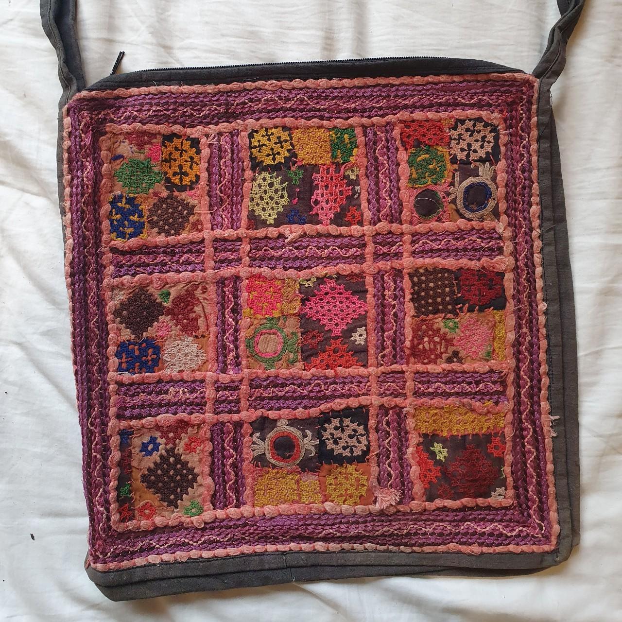 Pink embroided Indian style square shoulder bag with... - Depop