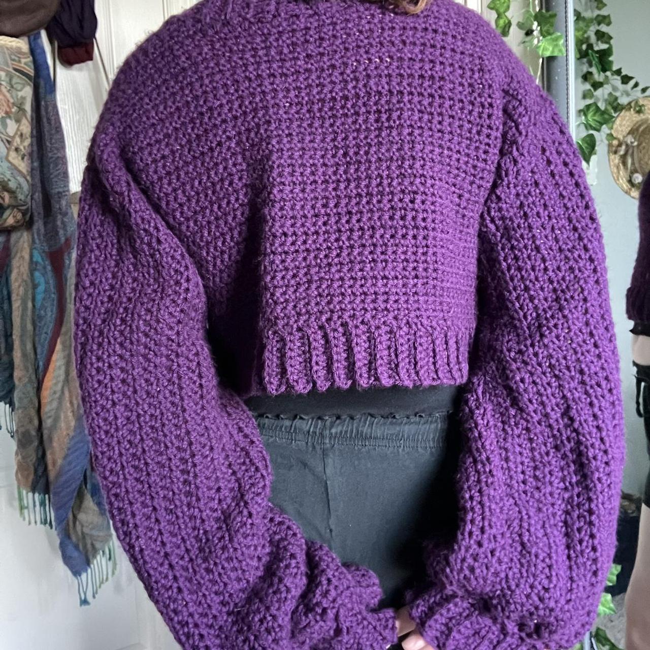 Purple cropped sweater with puffy sleeves Hand... - Depop